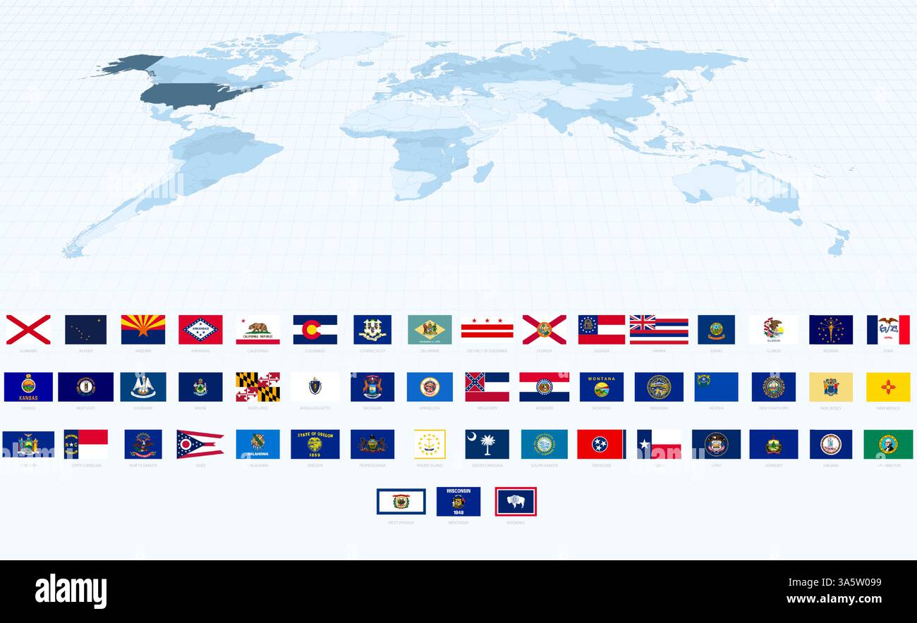 US State Flags in Accurate Proportions Alongside a World Map Focusing ...