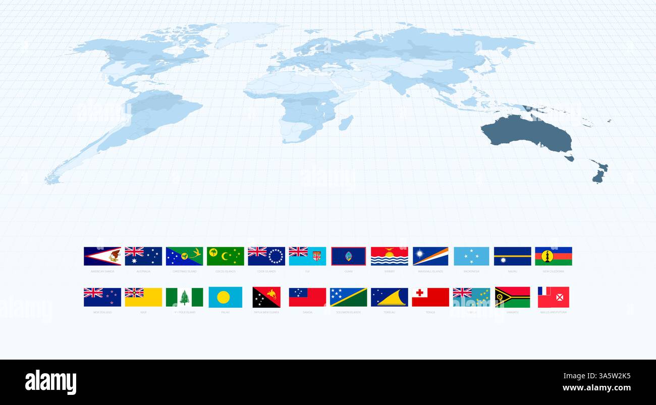 Oceanian Flags in Accurate Proportions Alongside a World Map Focusing ...