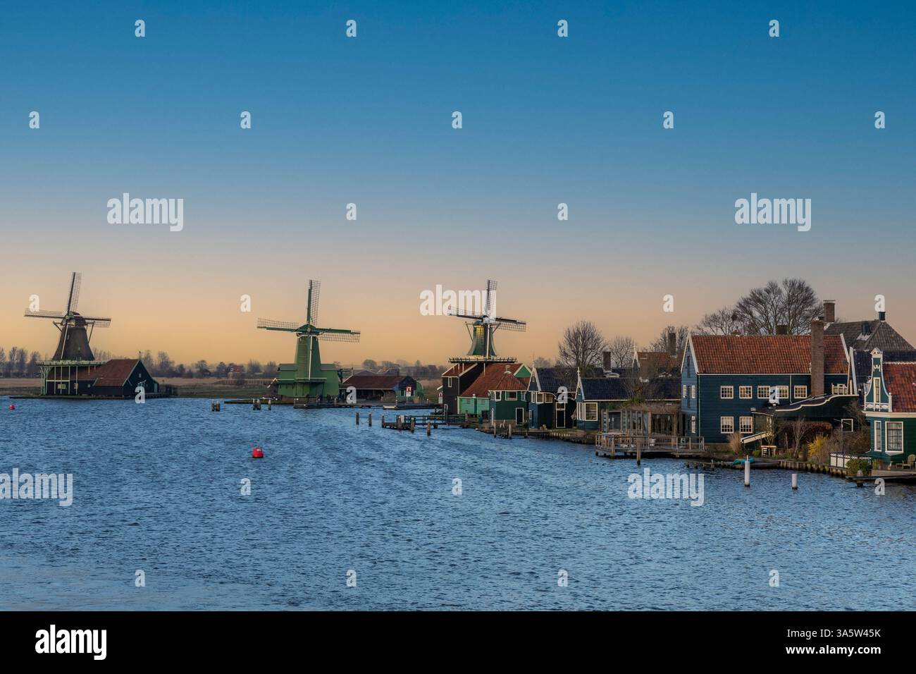 Zaanse Schans windmills. Panorama of traditional dutch houses ...
