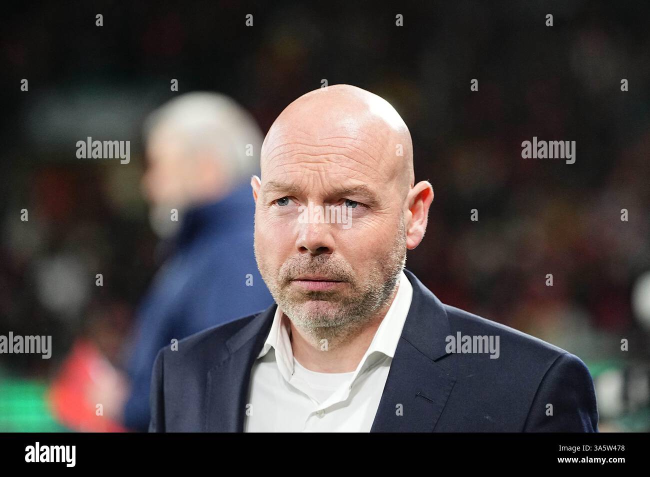 March 23 2025: Brian Riemer of Denmark looks on during a UEFA Nations League game, Portugal vs ...