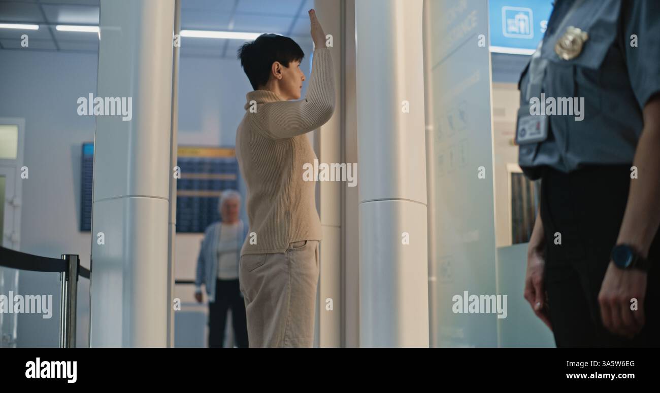 Security Checkpoint in Airport Terminal: Man with Prosthesis Leg and ...