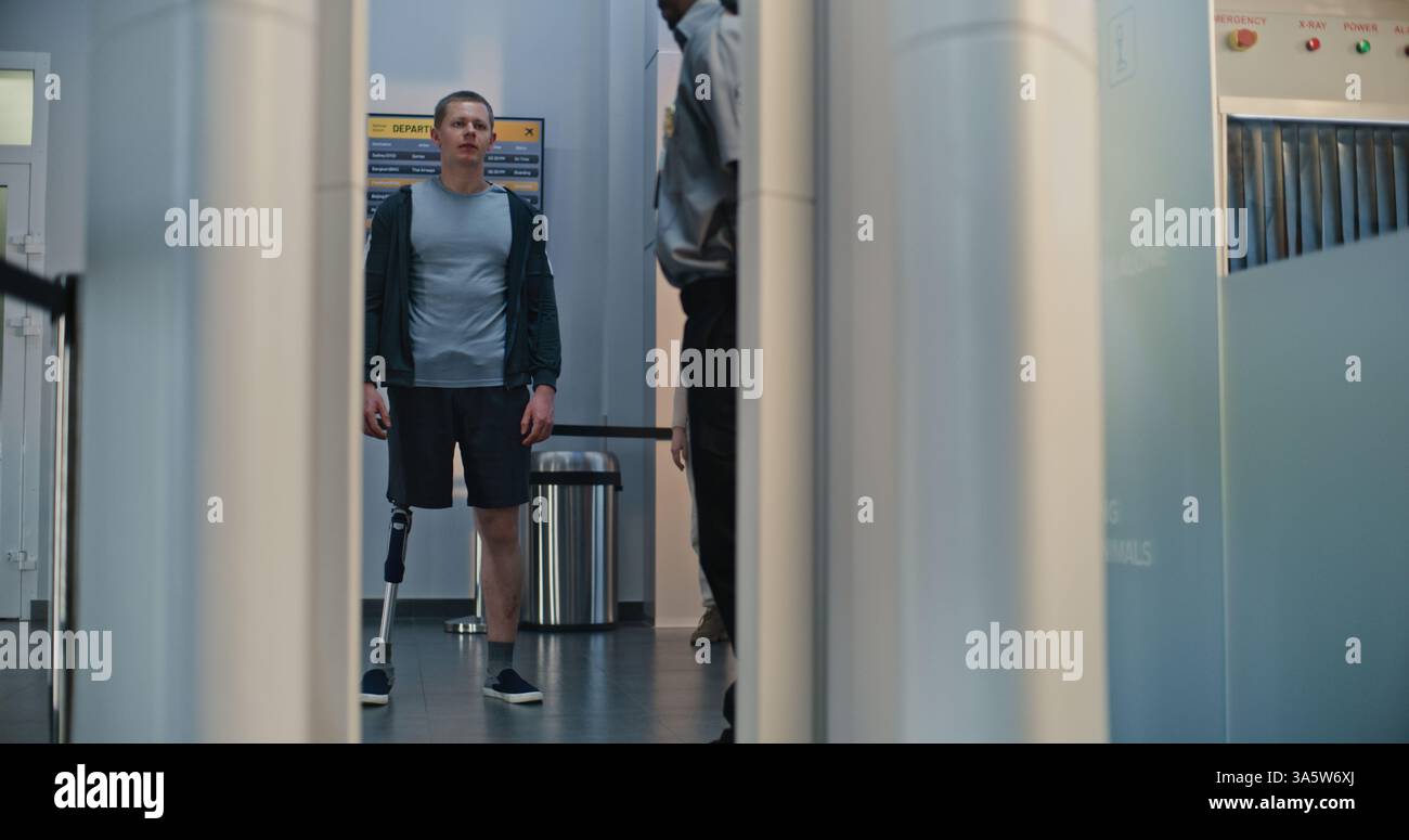 Diverse Travelers at Security Checkpoint: Man with Prosthetic Leg and ...