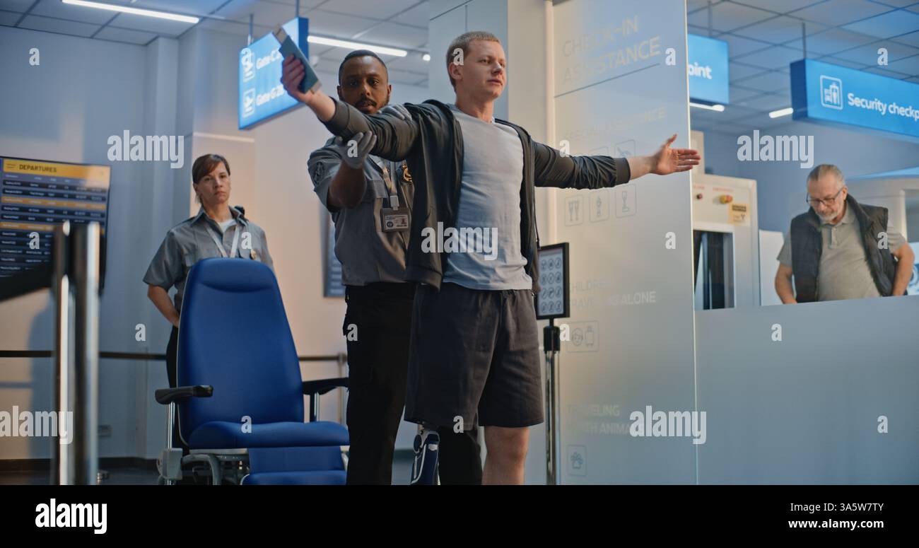 Security Checkpoint: African American TSA Officer Checking Man with Bionic Prosthetic Leg in ...