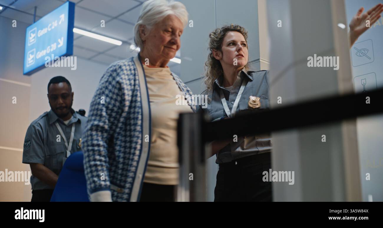 Security Checkpoint in Airport Terminal: Elderly Woman Getting Up from ...