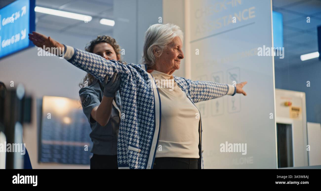 Security Checkpoint: Female TSA Officer Checking Elderly Woman in Airport Terminal, Woman ...