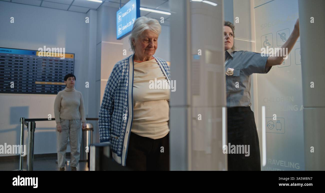 Security Checkpoint in Airport Terminal: Elderly Woman Getting Up from ...