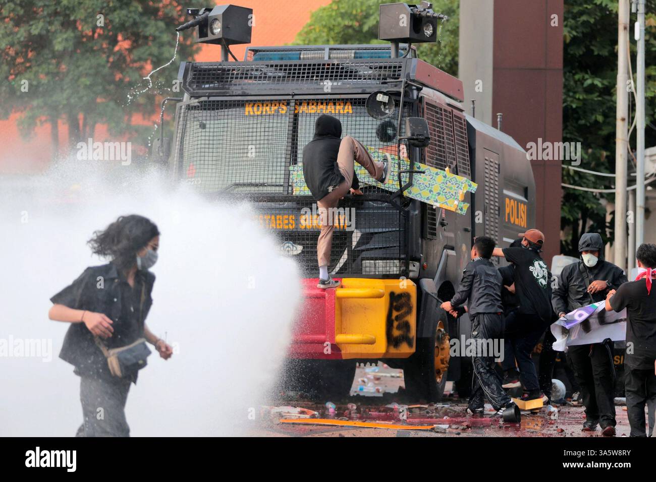 Protesters battle with a police water cannon truck as they clash during ...