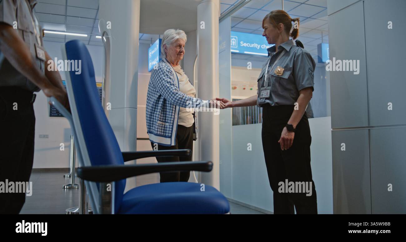 Elderly Traveler at Security Checkpoint: Senior Woman Getting Up from ...