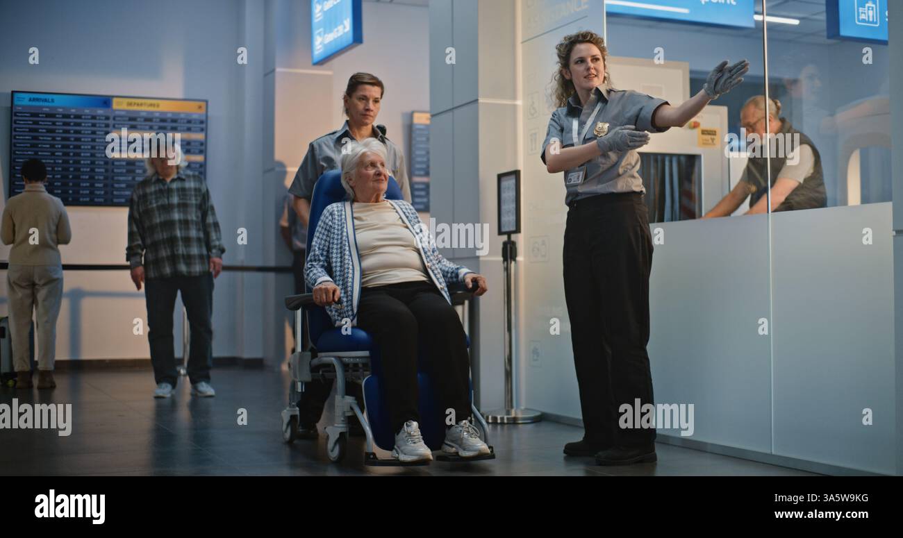 Security Checkpoint in Airport Terminal: Diverse Security Officers Inspecting Elderly Woman in ...
