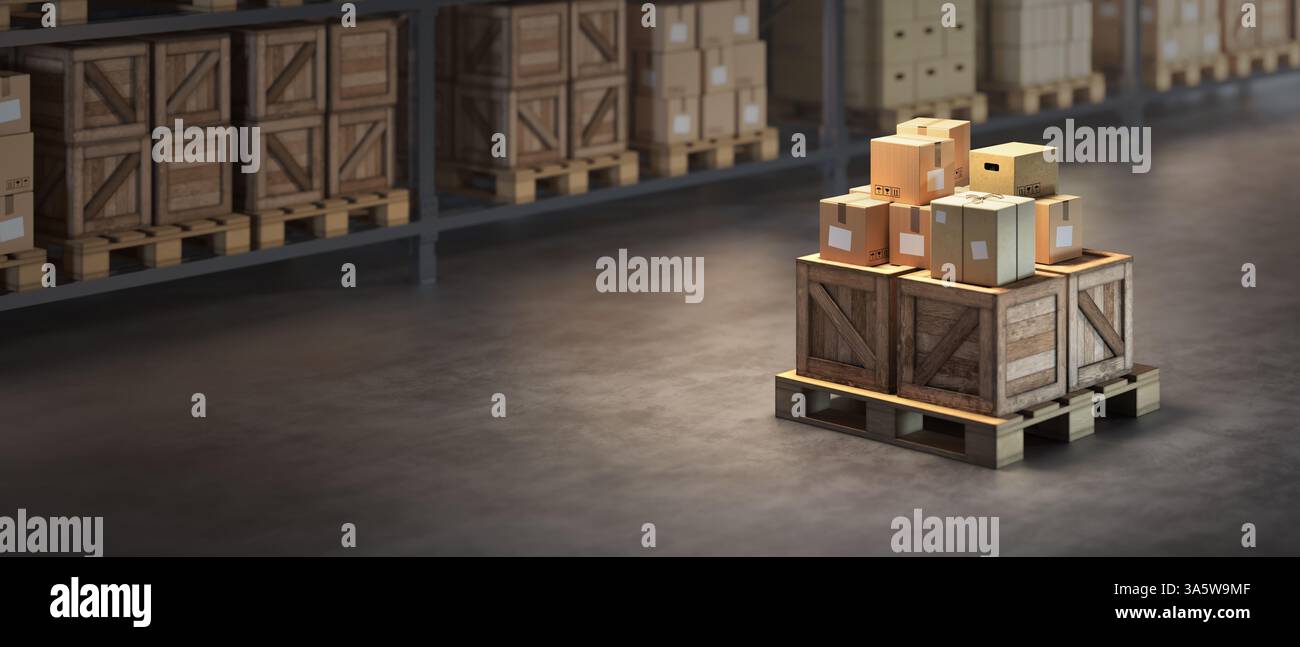 3d rendering work of cargo system. Pallet with many cardboxes waiting ...