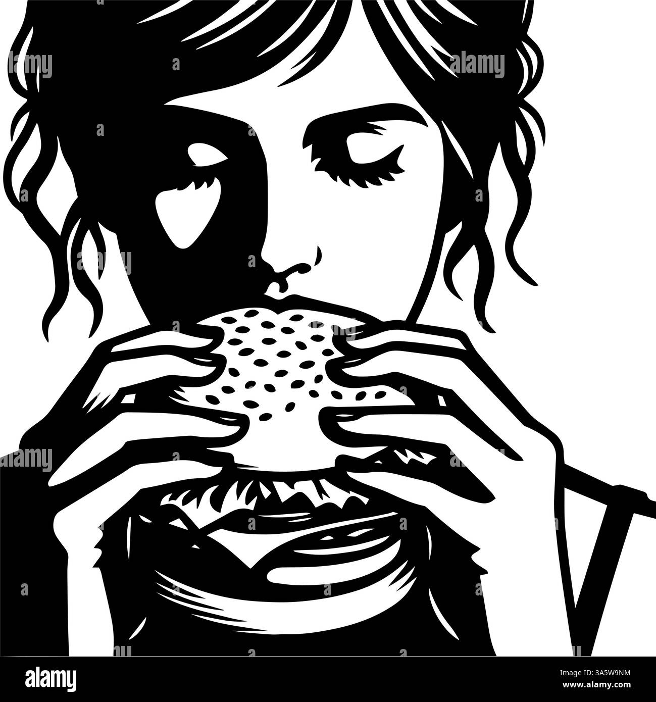 Woman Biting Burger, Close-Up. The black and white illustration depicts ...