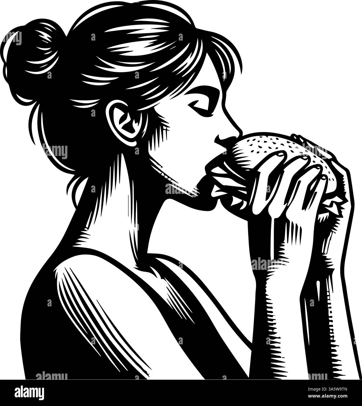 Woman Enjoying a Burger. The black and white illustration depicts a ...