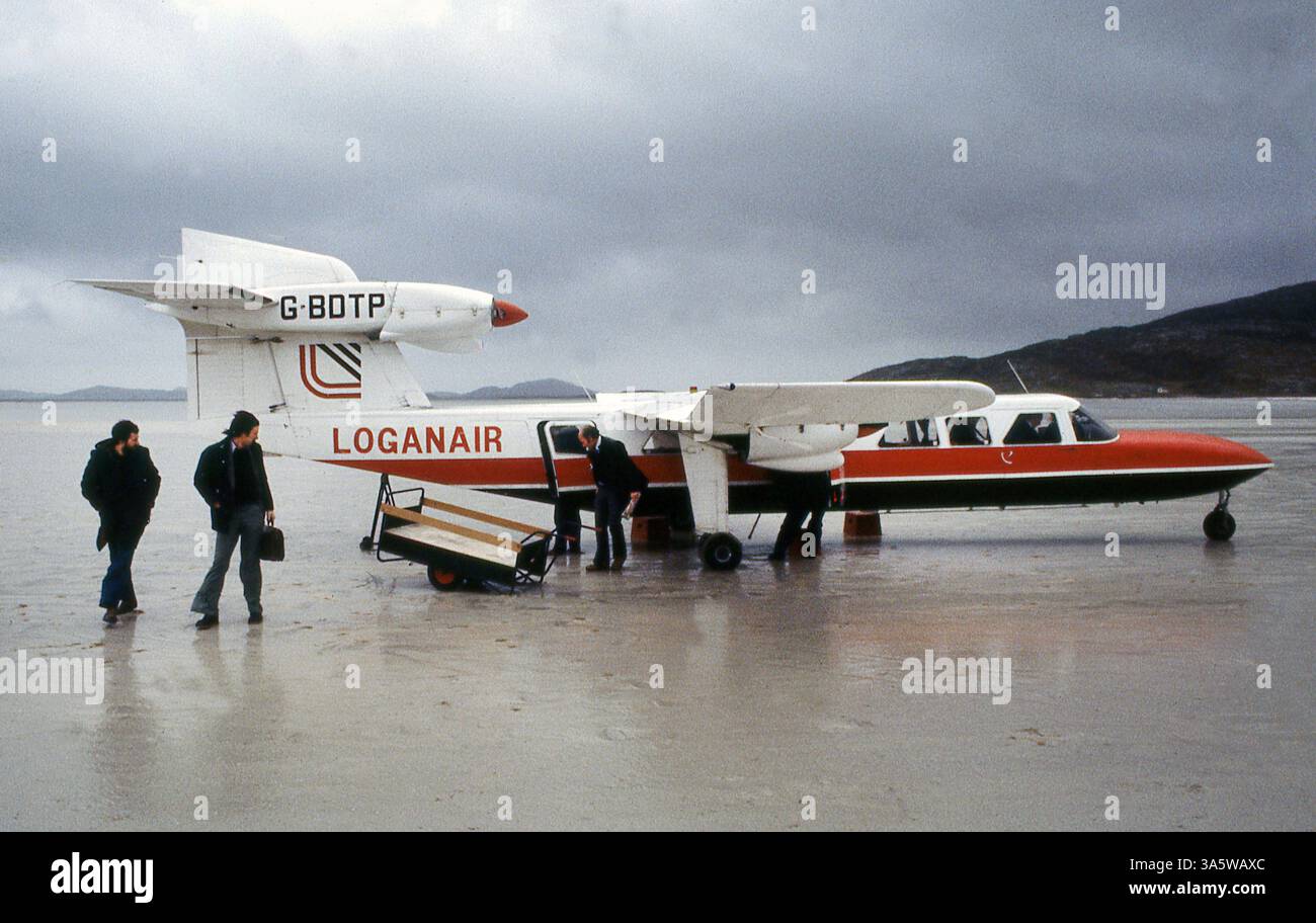 Loganair Britten-Norman Trislander on the Isle of Barra beach airport ...