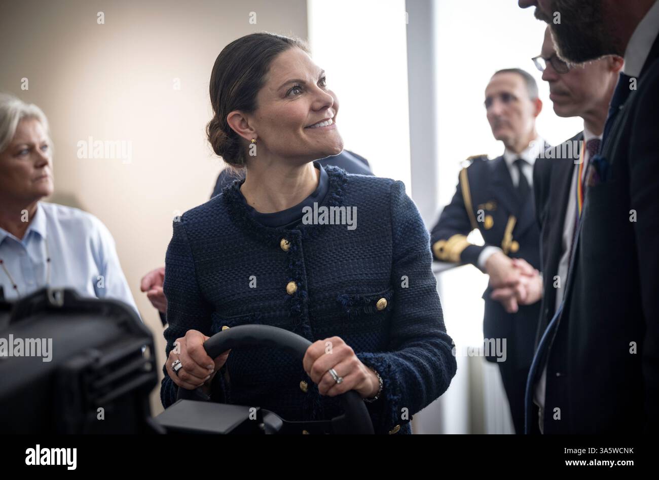 KARLSKRONA, SWEDEN 20250324 Crown Princess Victoria remotely controls a Battleship 90 located in ...
