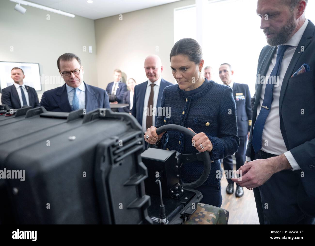 KARLSKRONA, SWEDEN 20250324 Crown Princess Victoria remotely controlled a Battleship 90 that was ...