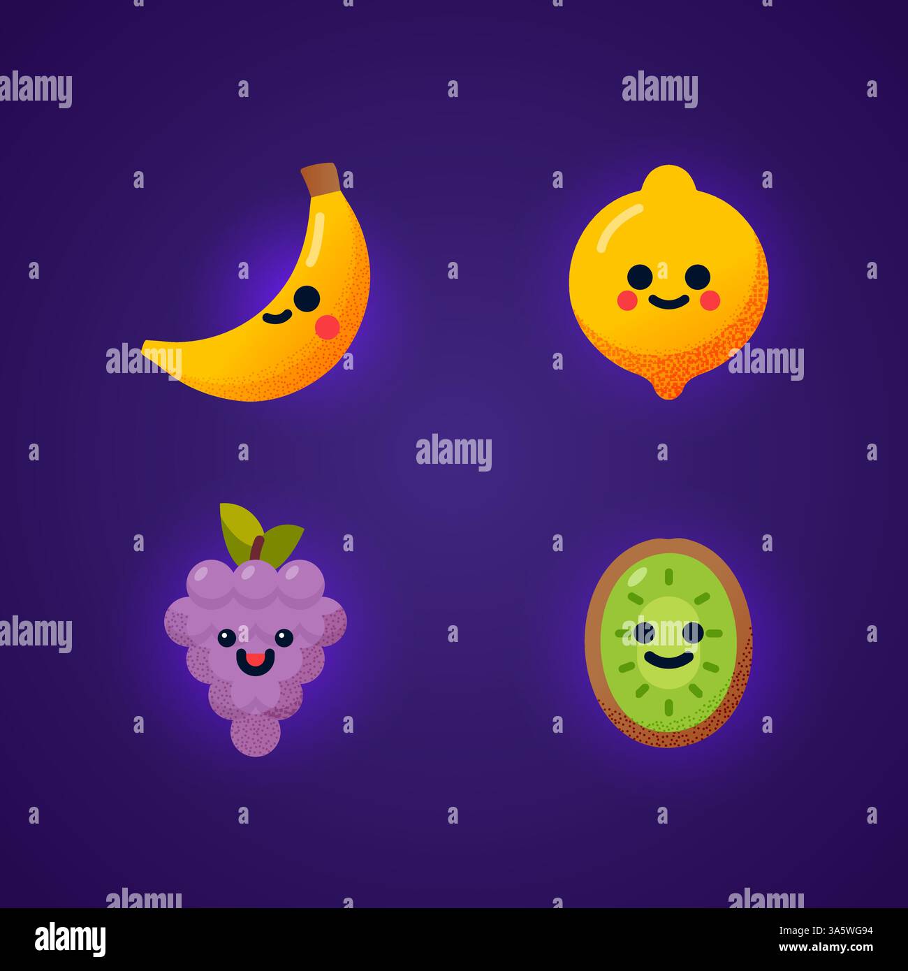 Cute smiling fruit characters including banana, lemon, grapes, and kiwi ...