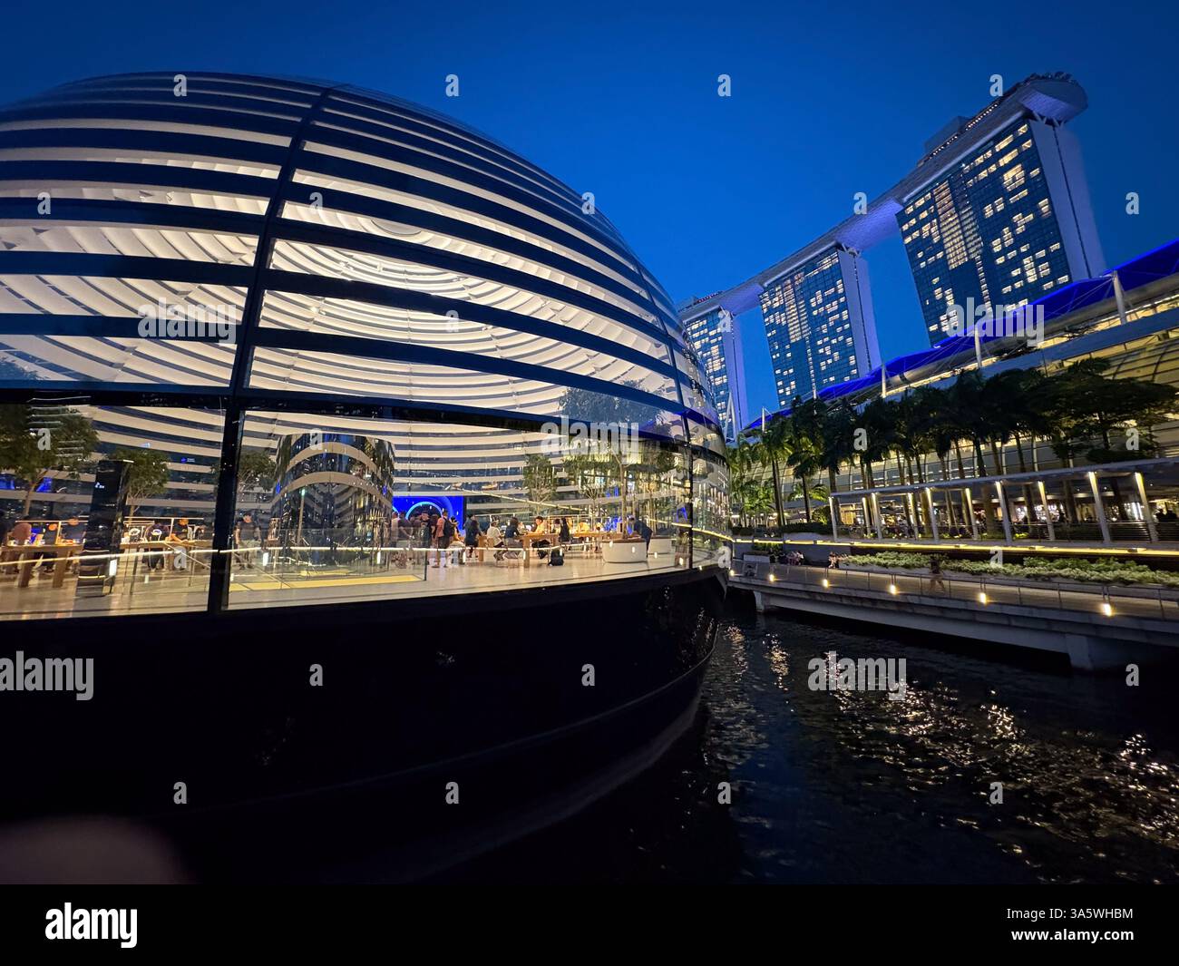 Apple Marina Bay Sands store at night. The store is a floating sphere ...