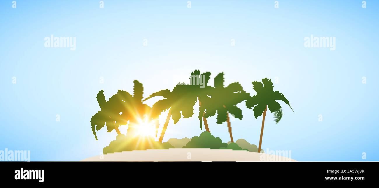 Tropical island with palm trees and sunrise, sunny beach landscape with ...