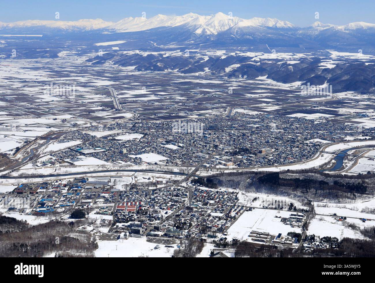 An aerial photo shows Furano City, where land prices are rising sharply ...
