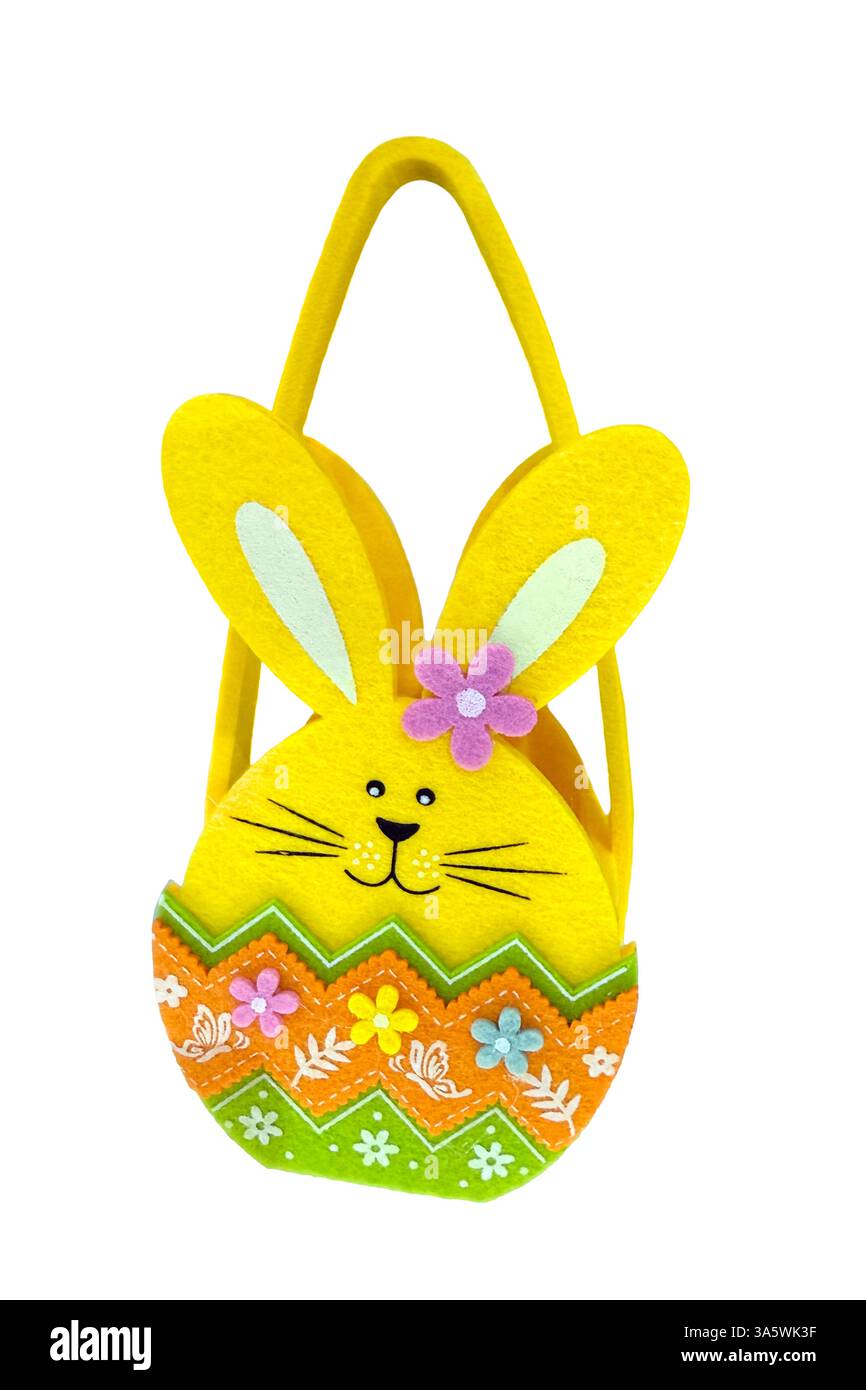 Felt Easter bunny bag with floral decorations, isolated on a ...