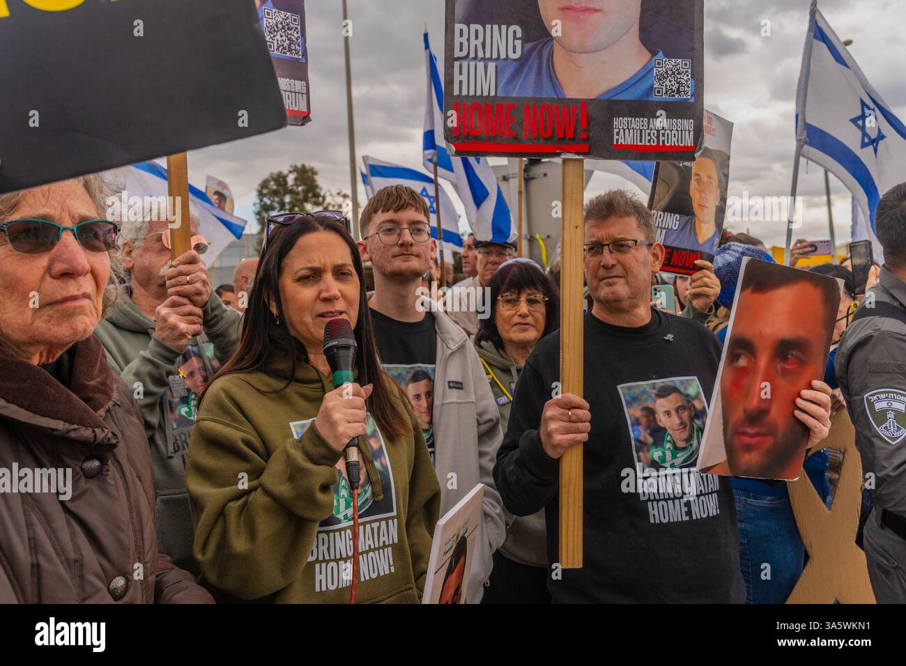 Ein HaMifratz, Israel - March 21, 2025: Family of hostage Matan Angrest ...