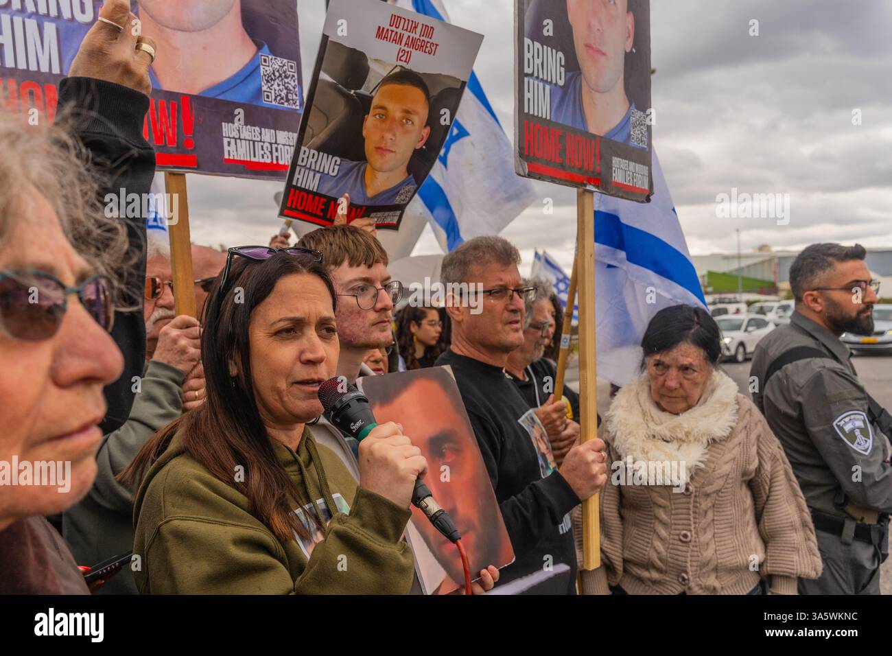 Ein HaMifratz, Israel - March 21, 2025: Family of hostage Matan Angrest ...