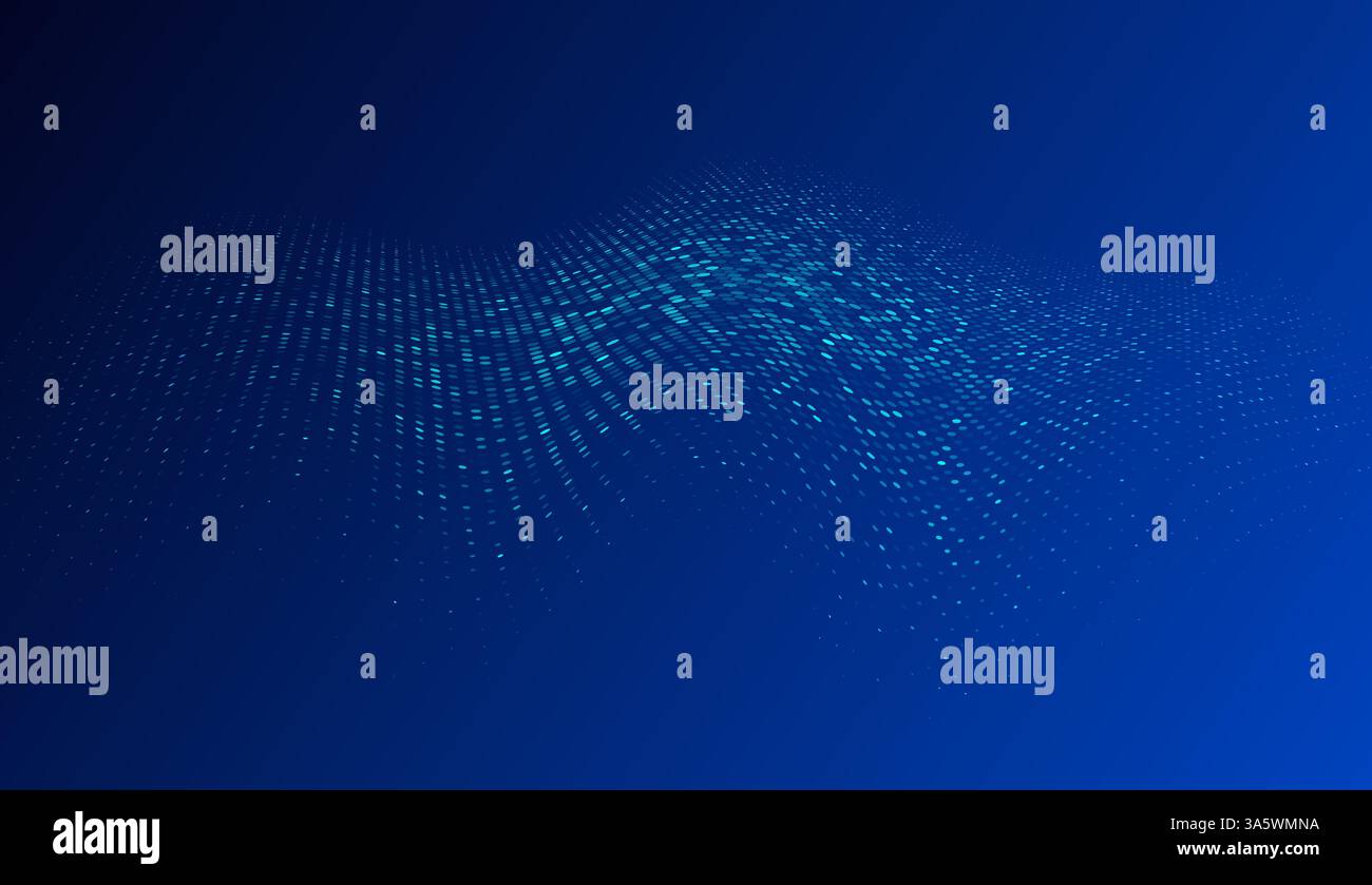 Abstract digital wave pattern with glowing blue dots on dark gradient background, futuristic ...