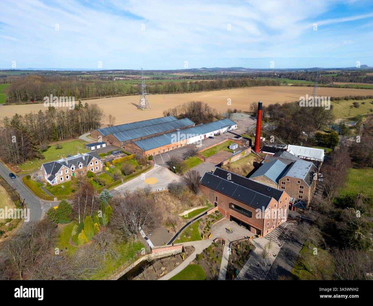 Aerial view of Glenkinchie Scotch Whisky distillery, in Peastonbank ...