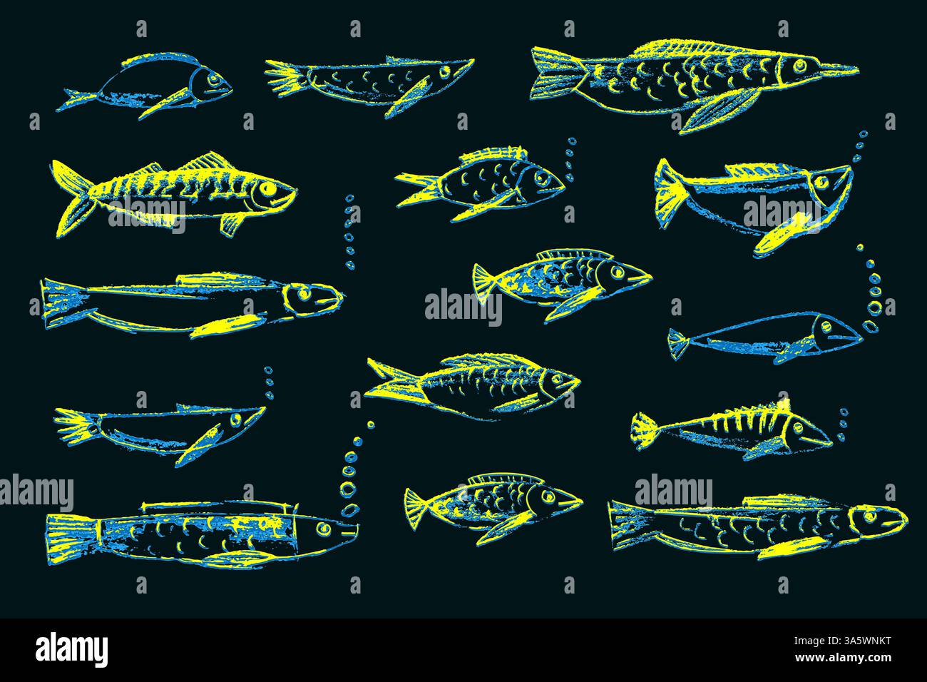 Crayon hand drawn set of yellow various fishes. Doodle shapes. Cute sea ...
