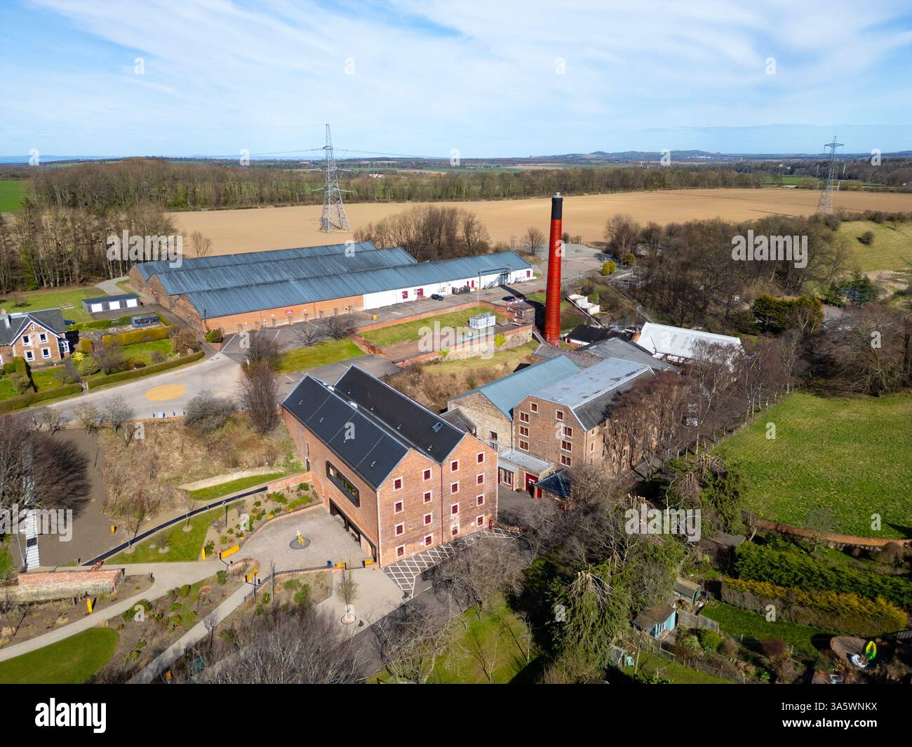 Aerial view of Glenkinchie Scotch Whisky distillery, in Peastonbank ...