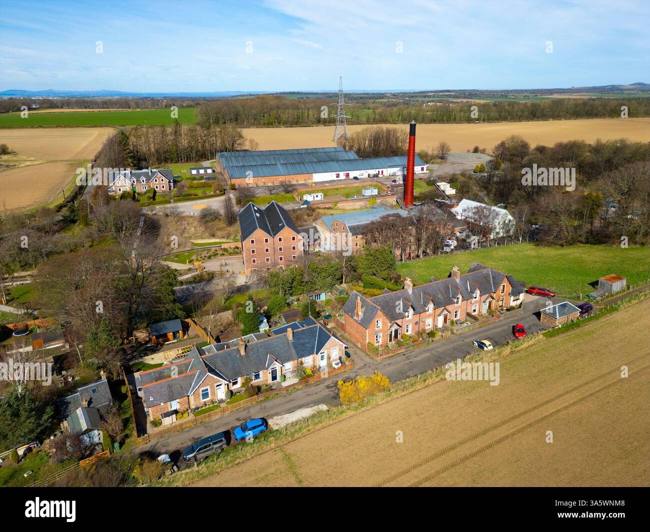 Aerial view of Glenkinchie Scotch Whisky distillery, in Peastonbank ...