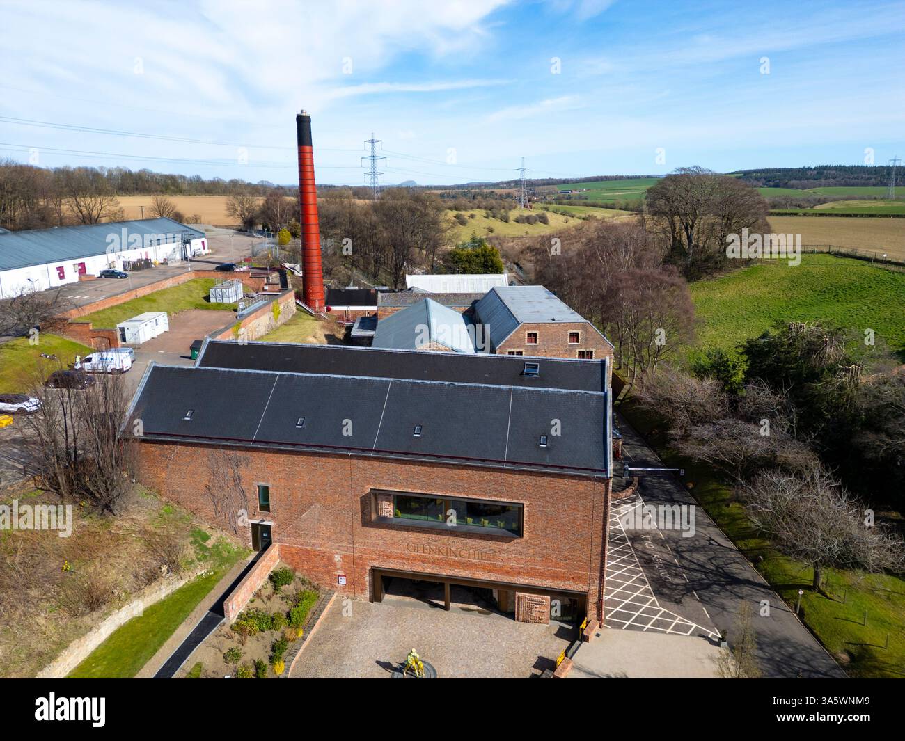 Aerial view of Glenkinchie Scotch Whisky distillery, in Peastonbank ...