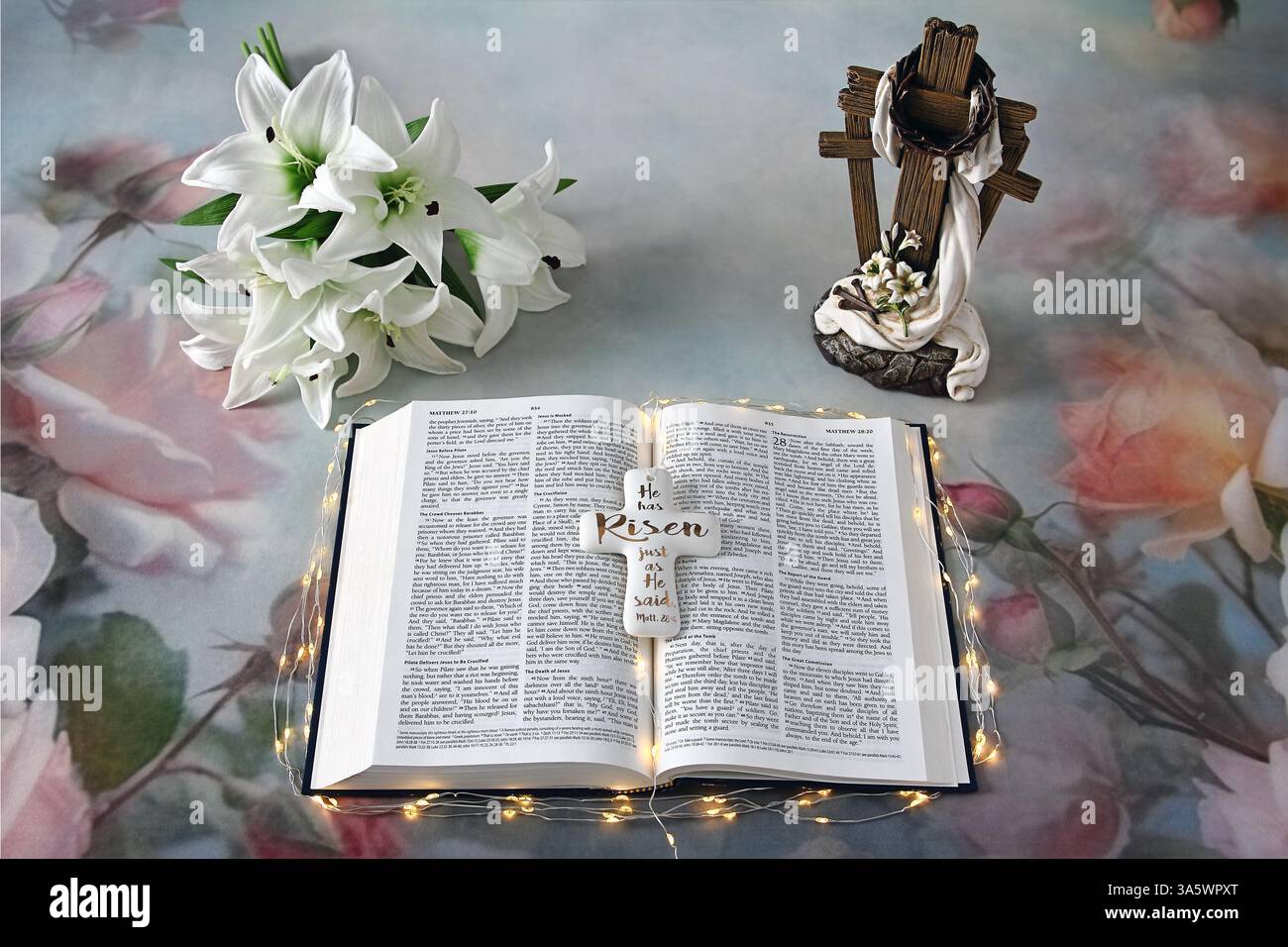Resurrection Sunday Scene with a Bible, Cross, and Lillies Stock Photo ...