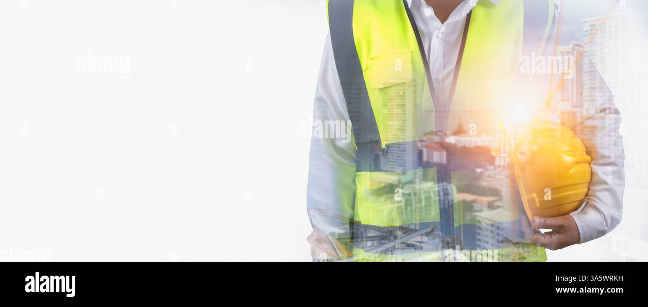 Double exposure worker wearing safety uniform and helmet hard hat work ...