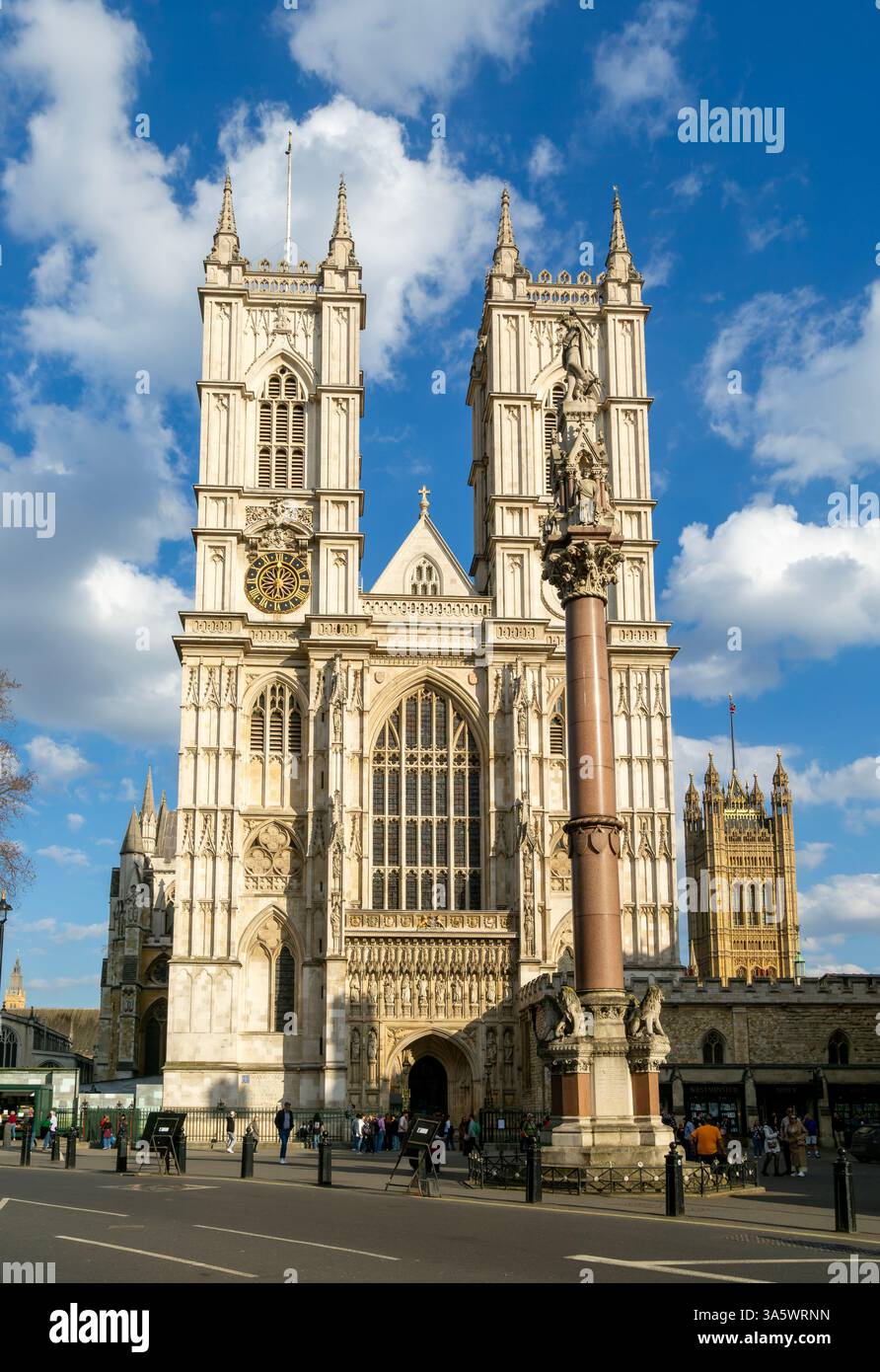 Towers and frontage of Westminster abbey church with Victoria Tower in ...