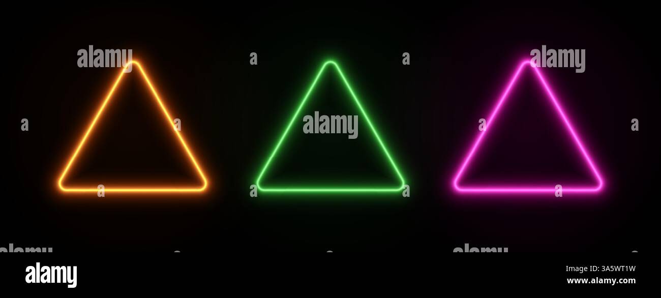 Neon triangles frame light. LED glow border in gold, green and pink ...
