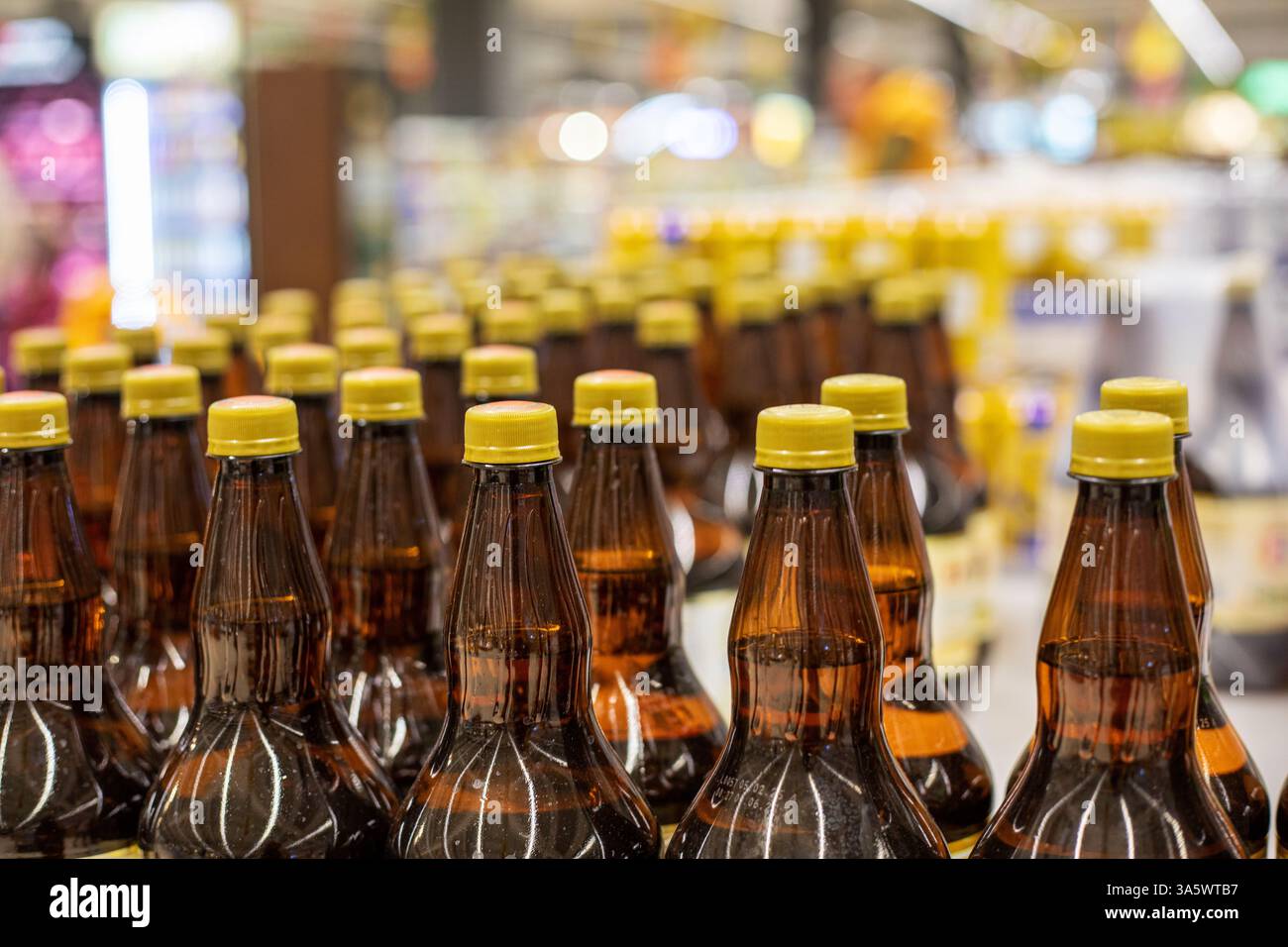 various drinks and alcohol in plastic bottles in a supermarket Stock ...