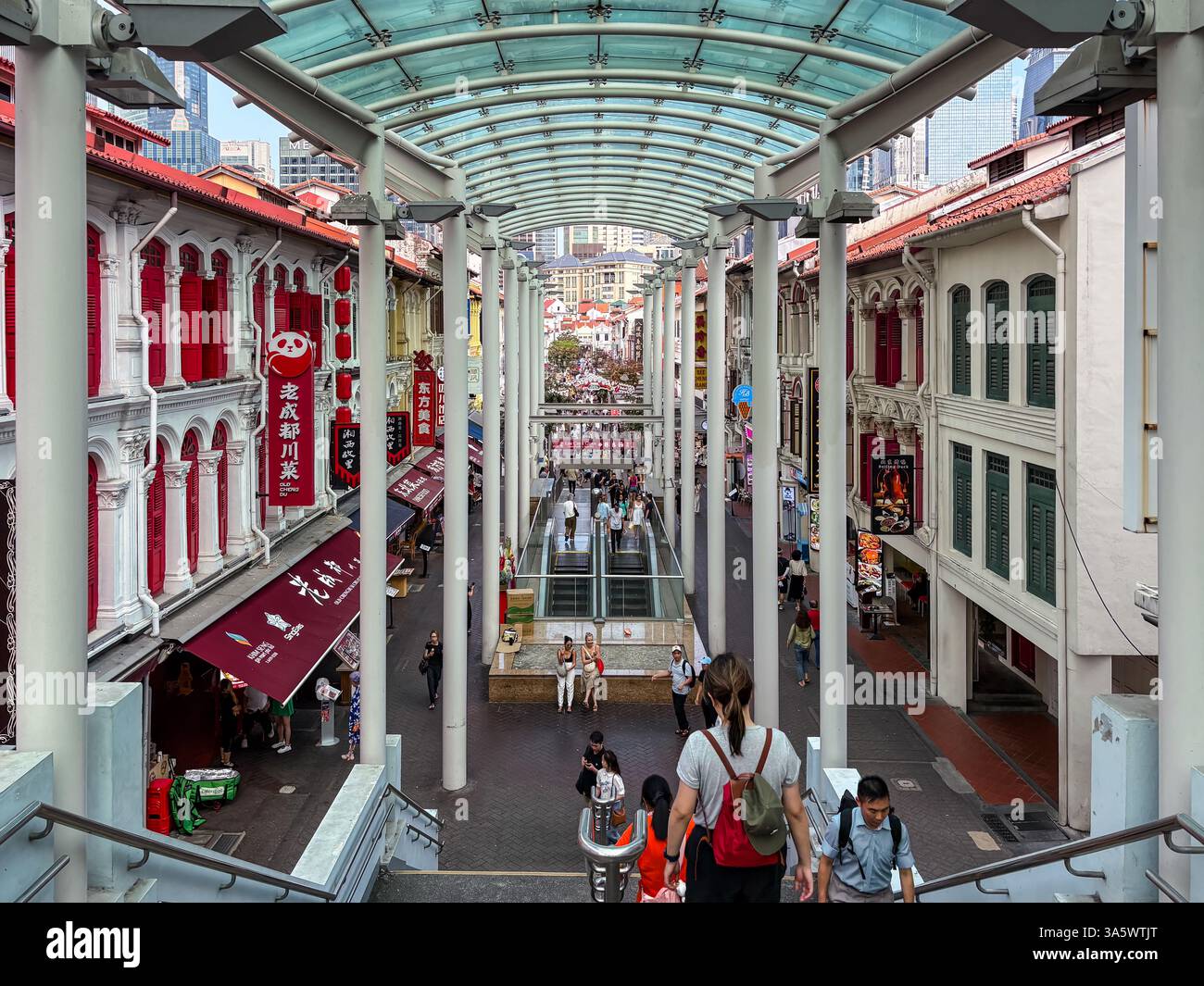 Chinatown street in Singapore with shops and restaurants. View of the ...