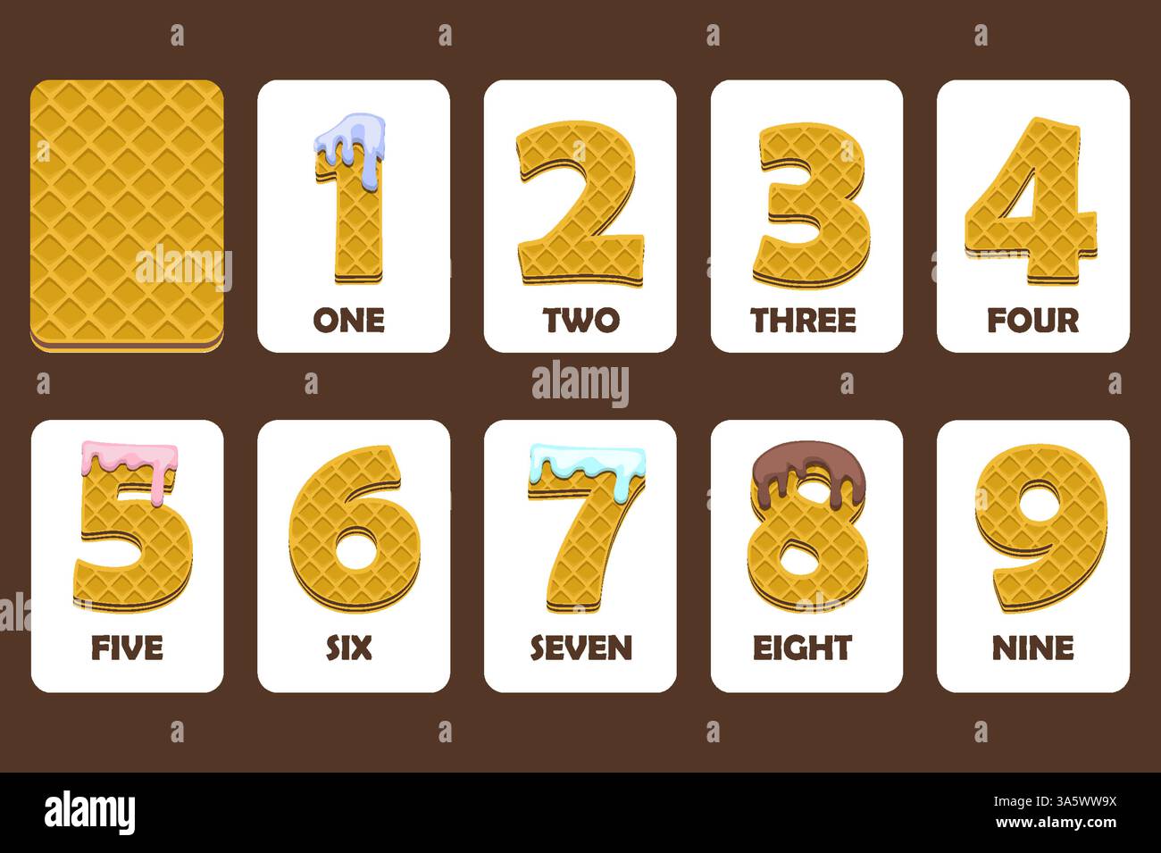 Education cards with Cartoon Waffle Numbers. Waffle numbers. Numbers ...