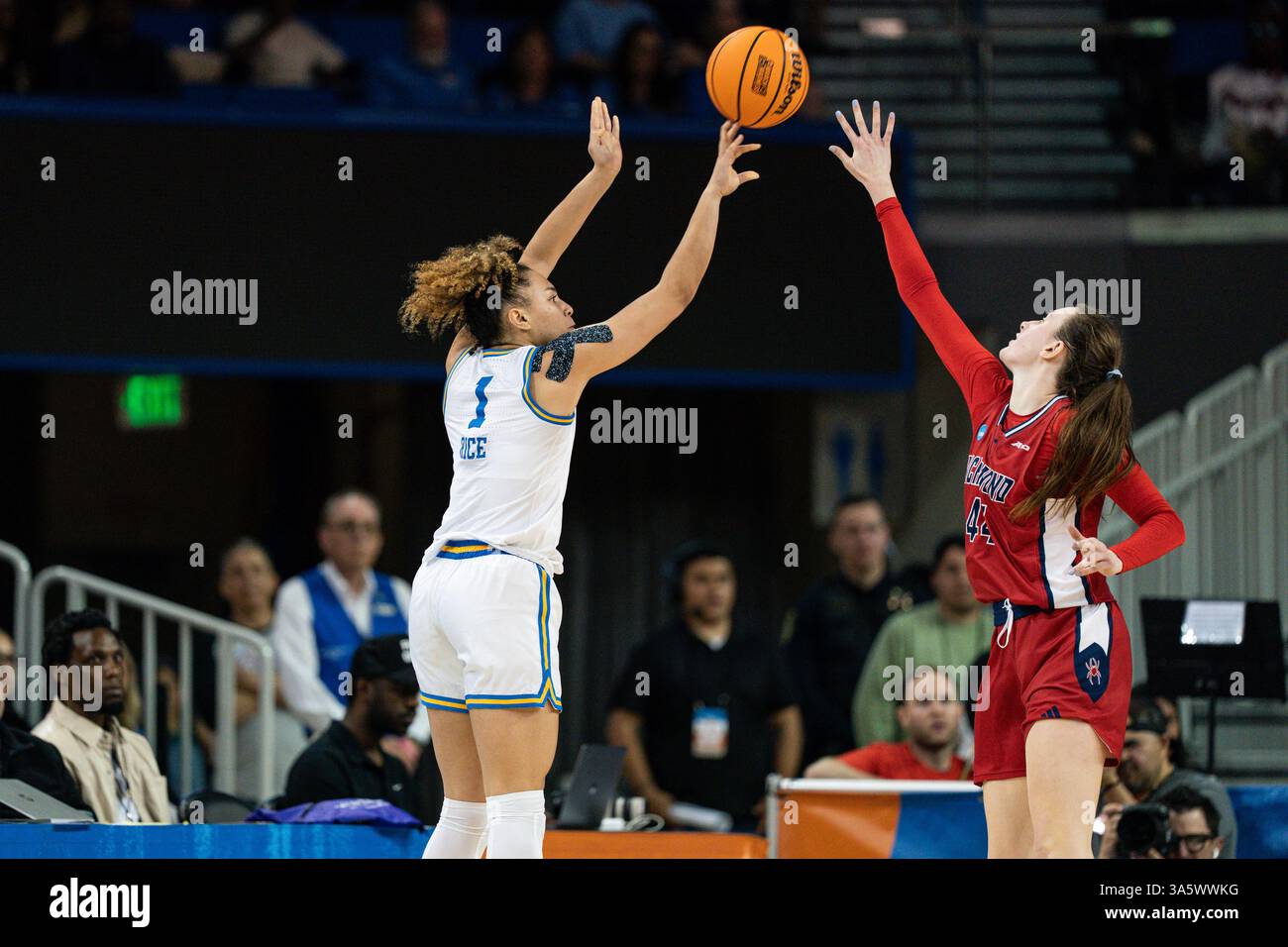 UCLA Bruins guard Kiki Rice (1) shoots over Richmond Spiders forward ...