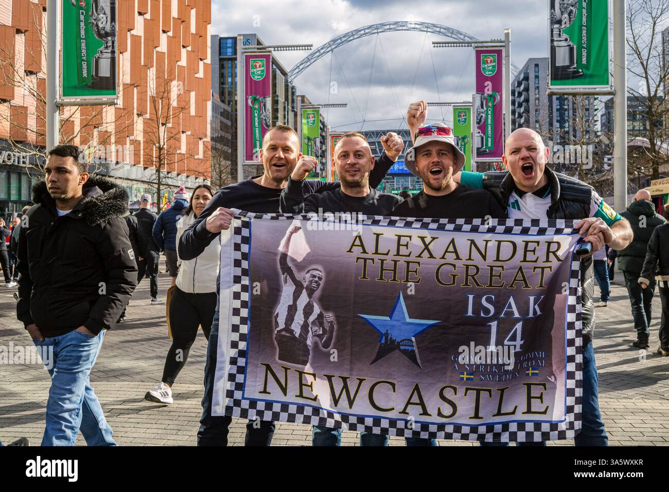 A group of Newcastle United fans pose on their way towards Wembley ...