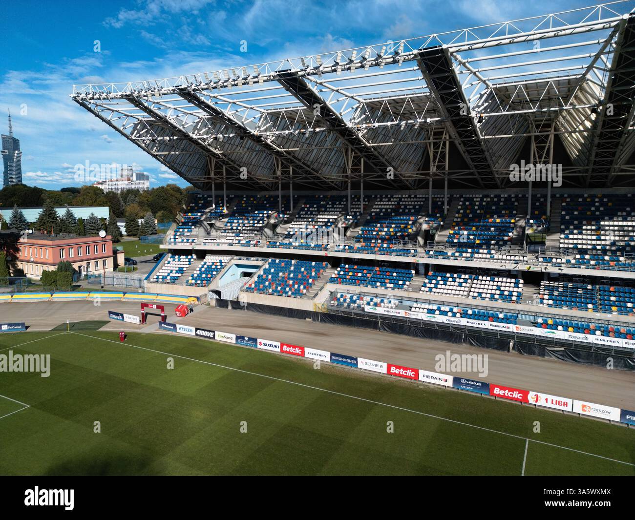 Aerial view of the city stadium Stal in Rzeszów, captured by drone on a ...