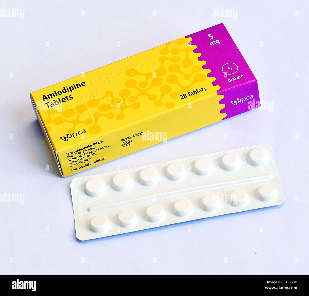 Photograph of a pack of Amlodipine Tablets. Each tablet contains 5mg ...
