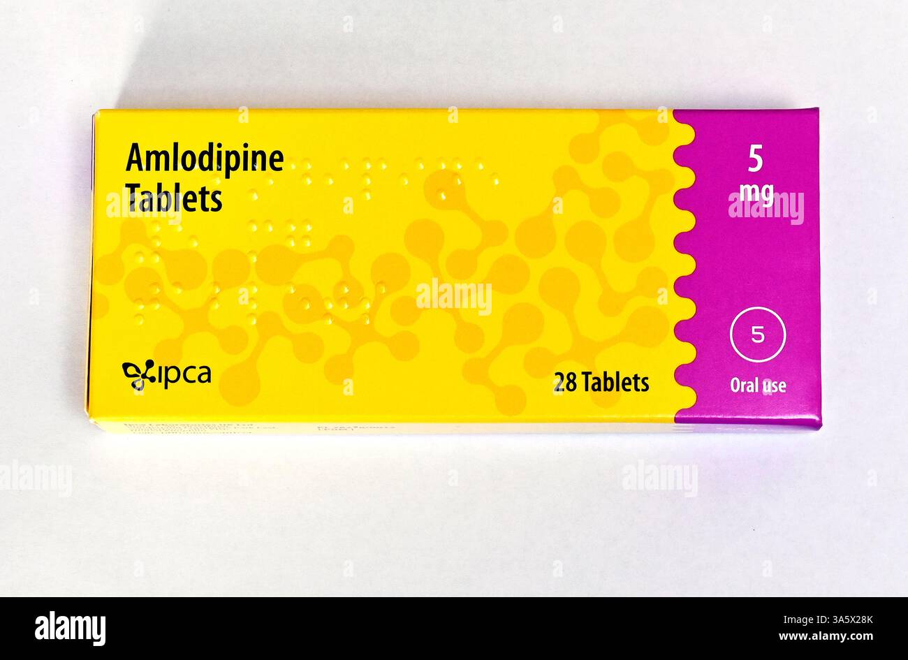 Photograph of a pack of Amlodipine Tablets. Each tablet contains 5mg amlodipine besilate. Ipca ...