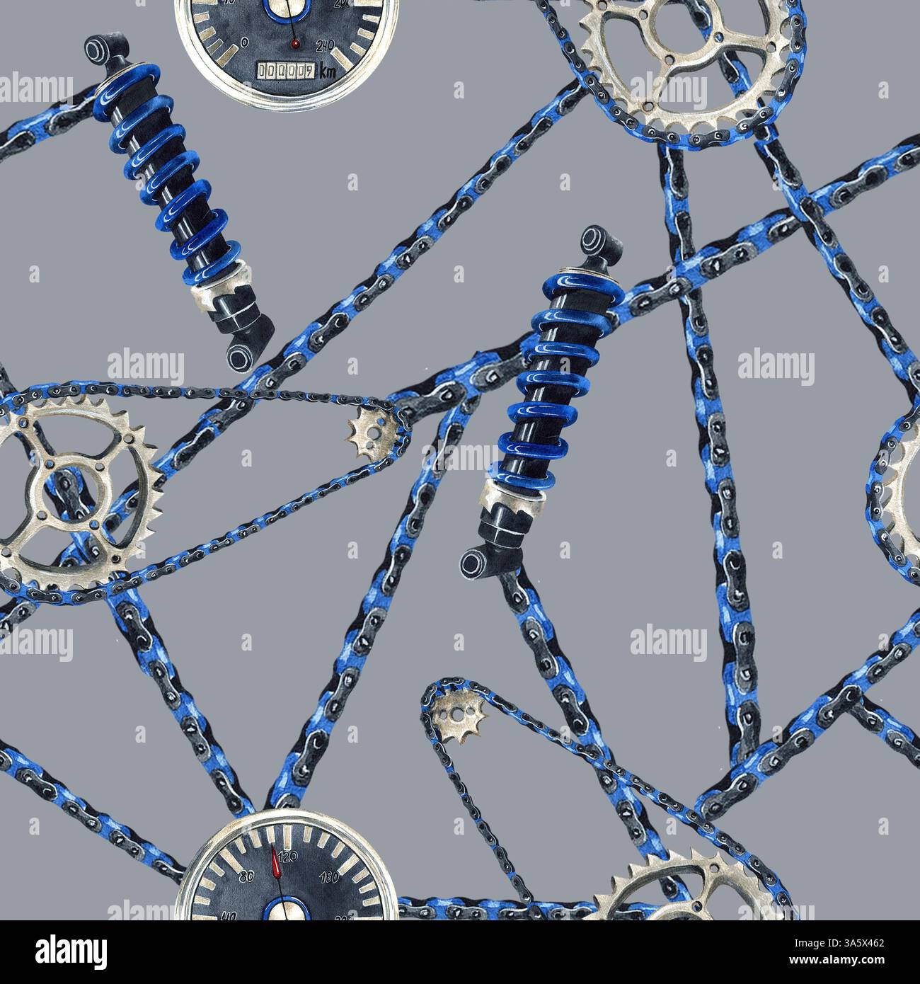 Seamless pattern drive roller chain, shock absorber, speedometer, lines ...