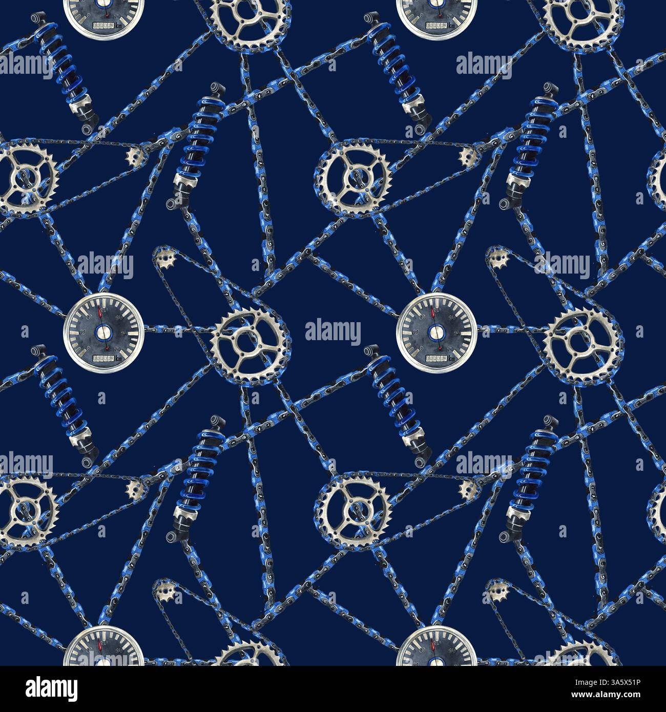 Seamless pattern drive roller chain and shock absorber, abstract blue ...