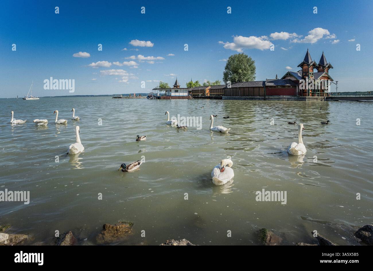 Keszthely beach at Lake Balaton with pier Stock Photo - Alamy