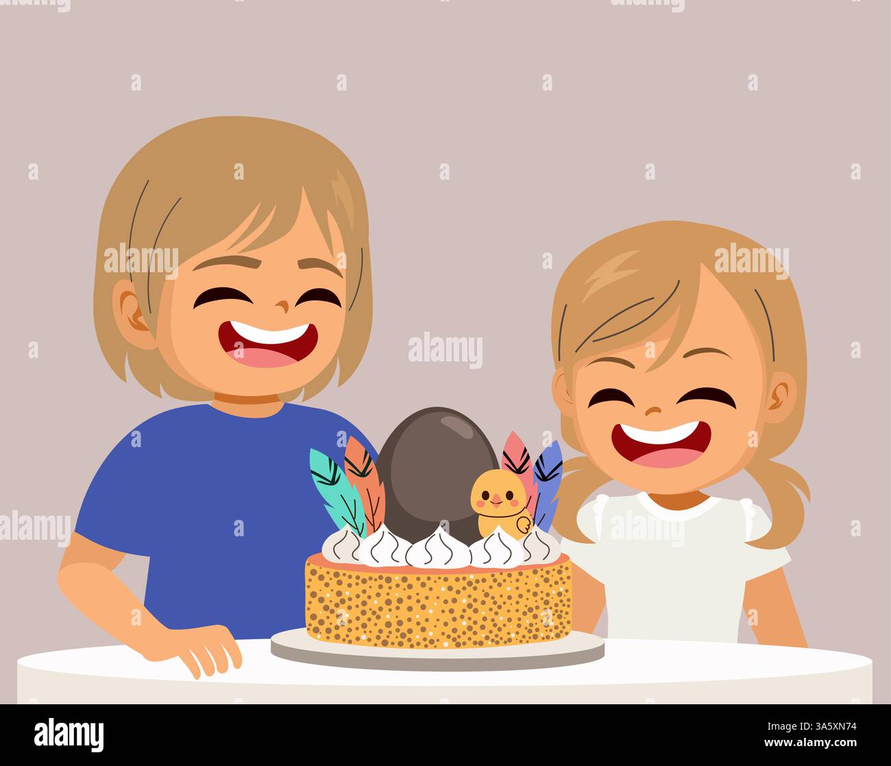 Children enjoying Easter Mona cake vector illustration. Siblings ...