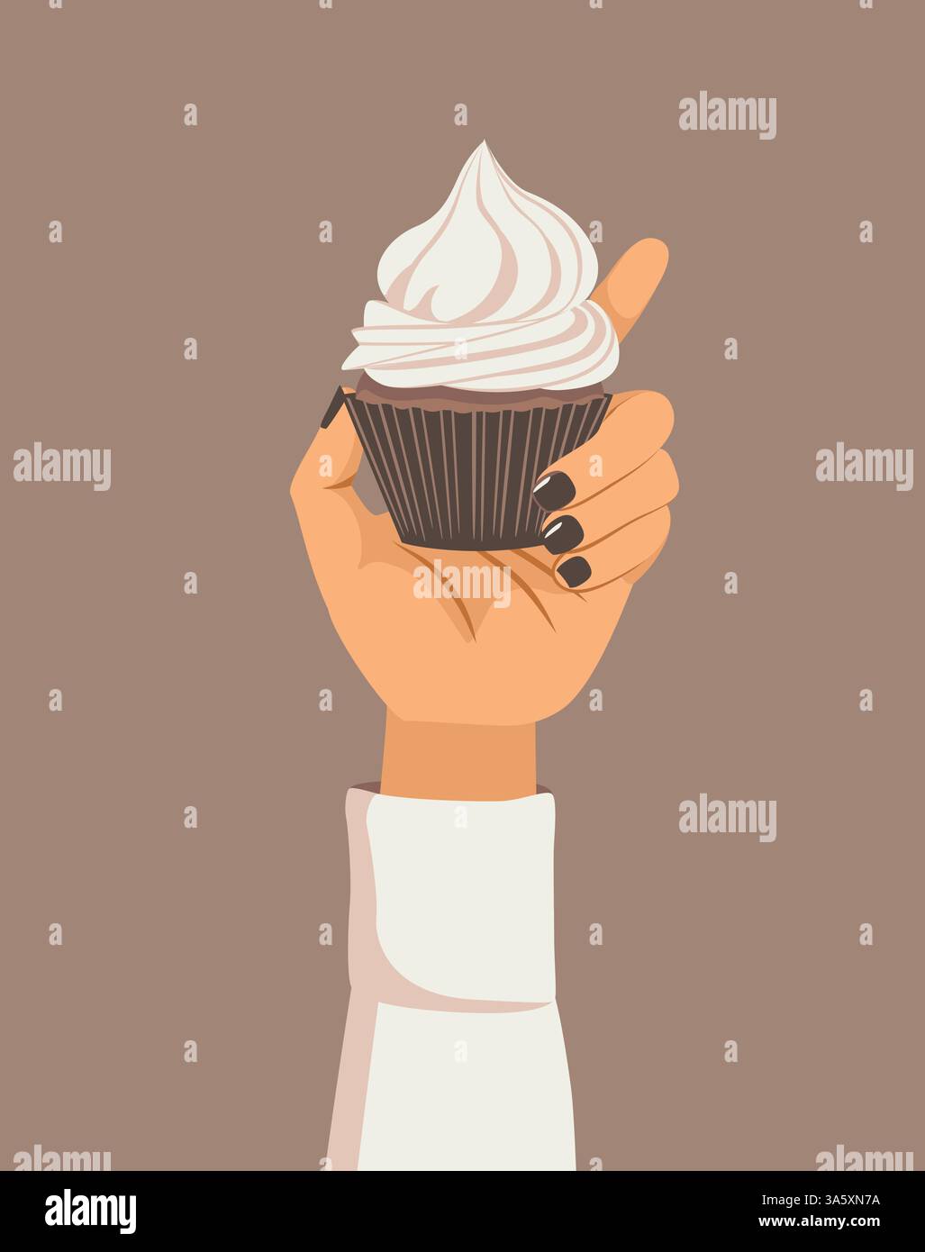 Female hand holding cupcake with mocha color background. Arm showing ...