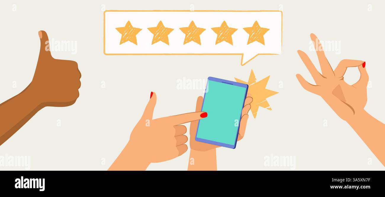Phone with five star rating drawing. Hands with thumbs up and ok sign ...